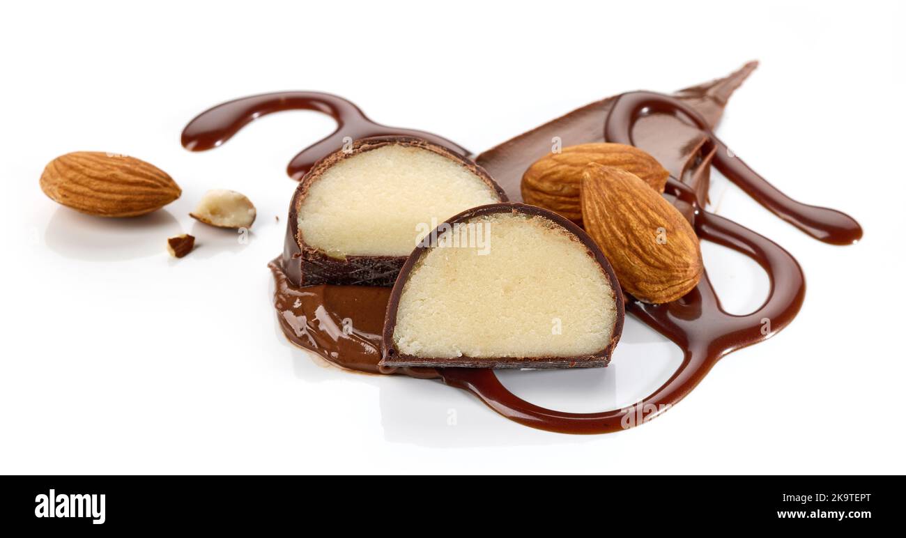 marzipan and chocolate compozition isolated on white background Stock ...