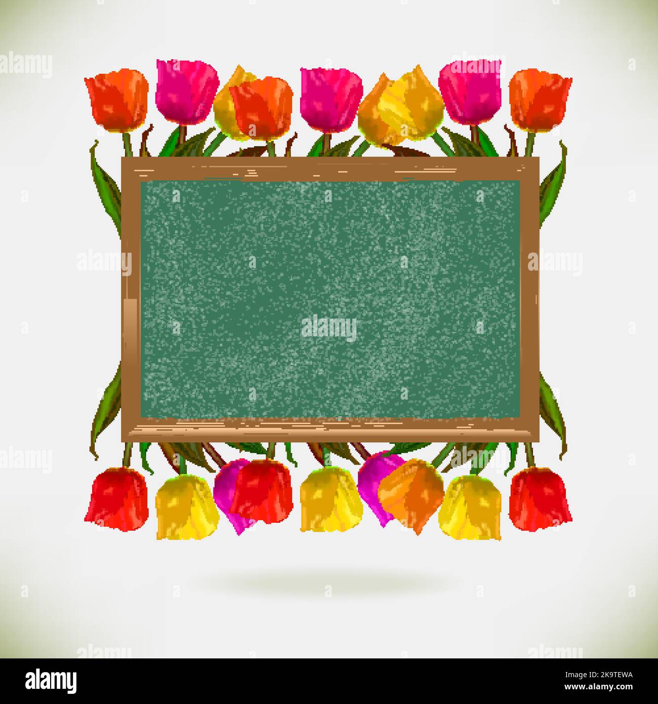 Chalkboard with colorful bright tulip flowers on light background Stock ...