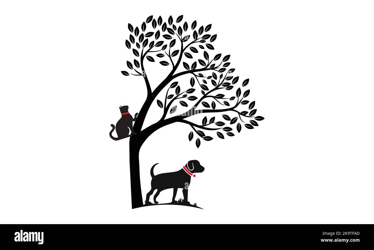 Dog With Cat And Tree logo design template. Vector Illustration Stock ...