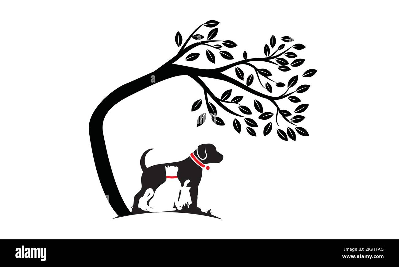 Dog With Cat And Tree logo design template. Vector Illustration Stock ...