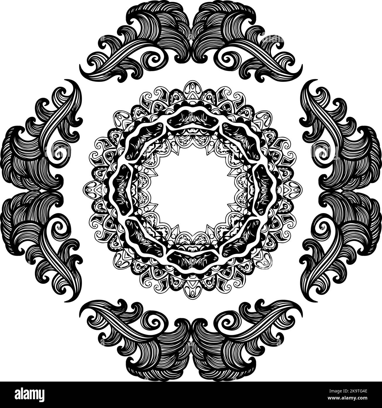 Black and white vector illustration. Vintage frame with curly ...