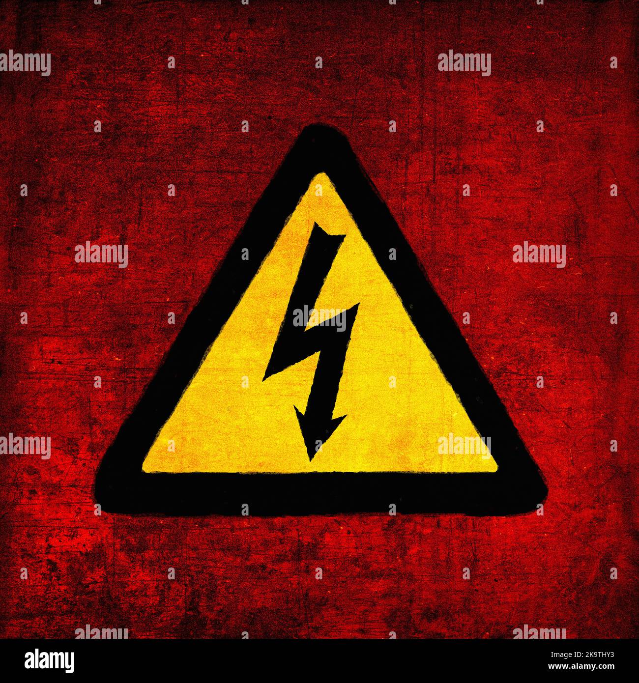 High voltage sign, yellow and black on red. Electrical hazard emblem ...