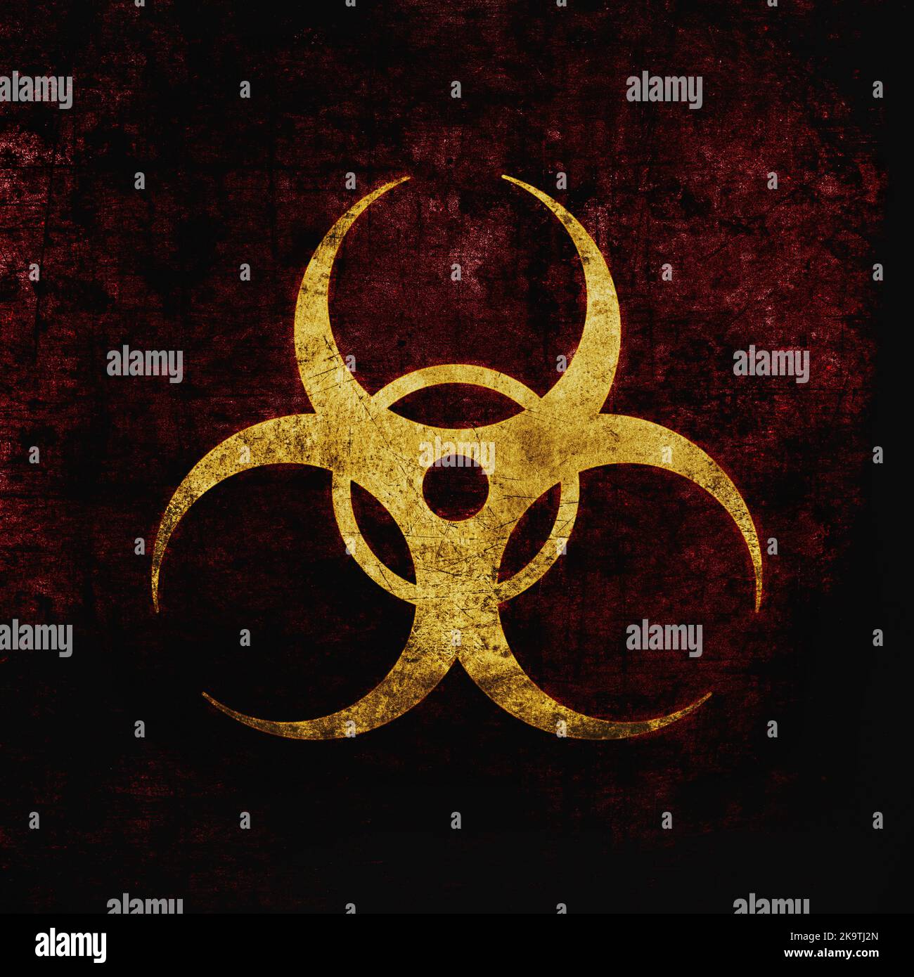 Biohazard sign, yellow on dark red. Biological threat emblem, grunge ...