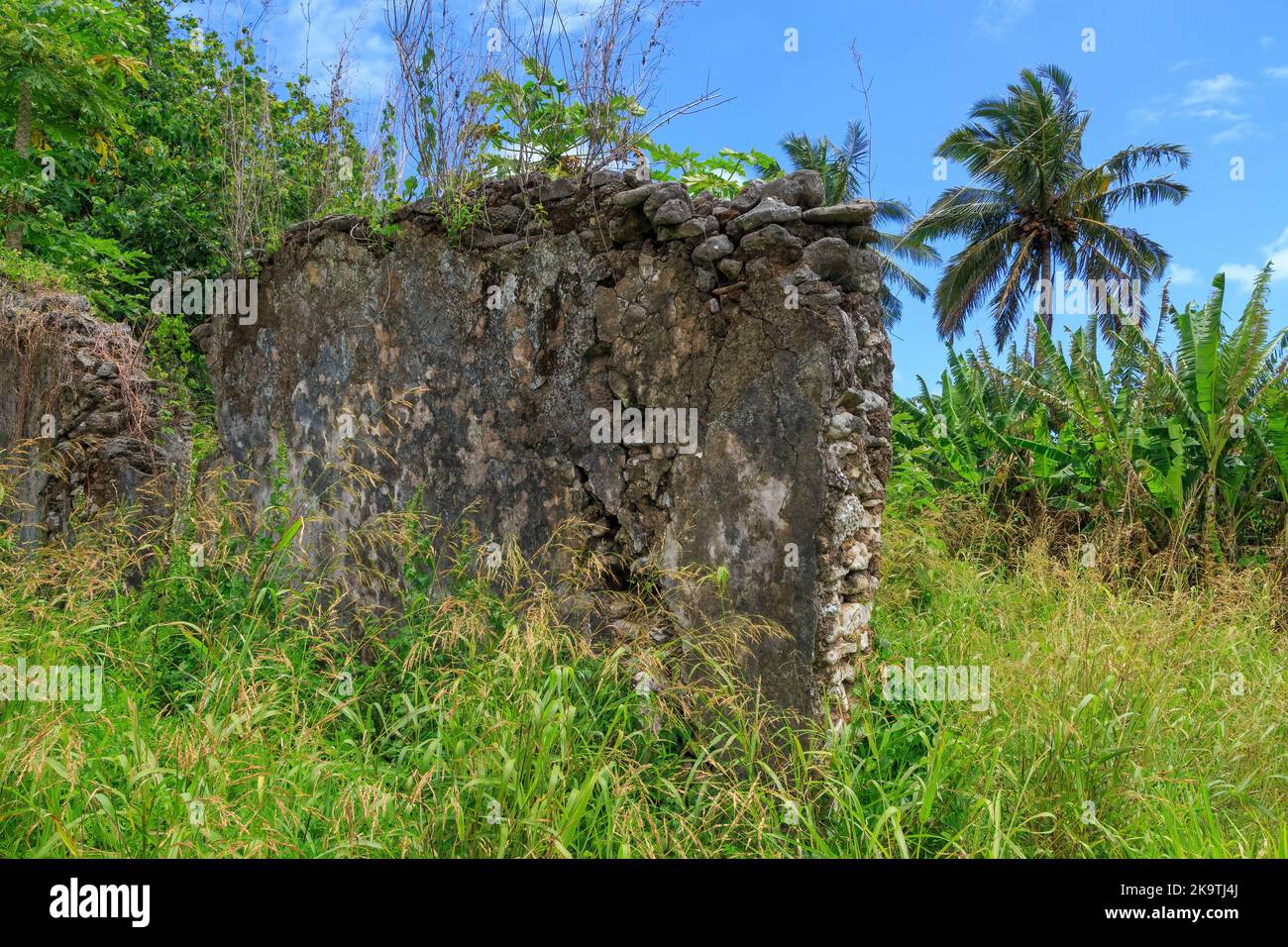 One of the walls of Pa Ariki's palace on the island of Rarotonga, Cook ...