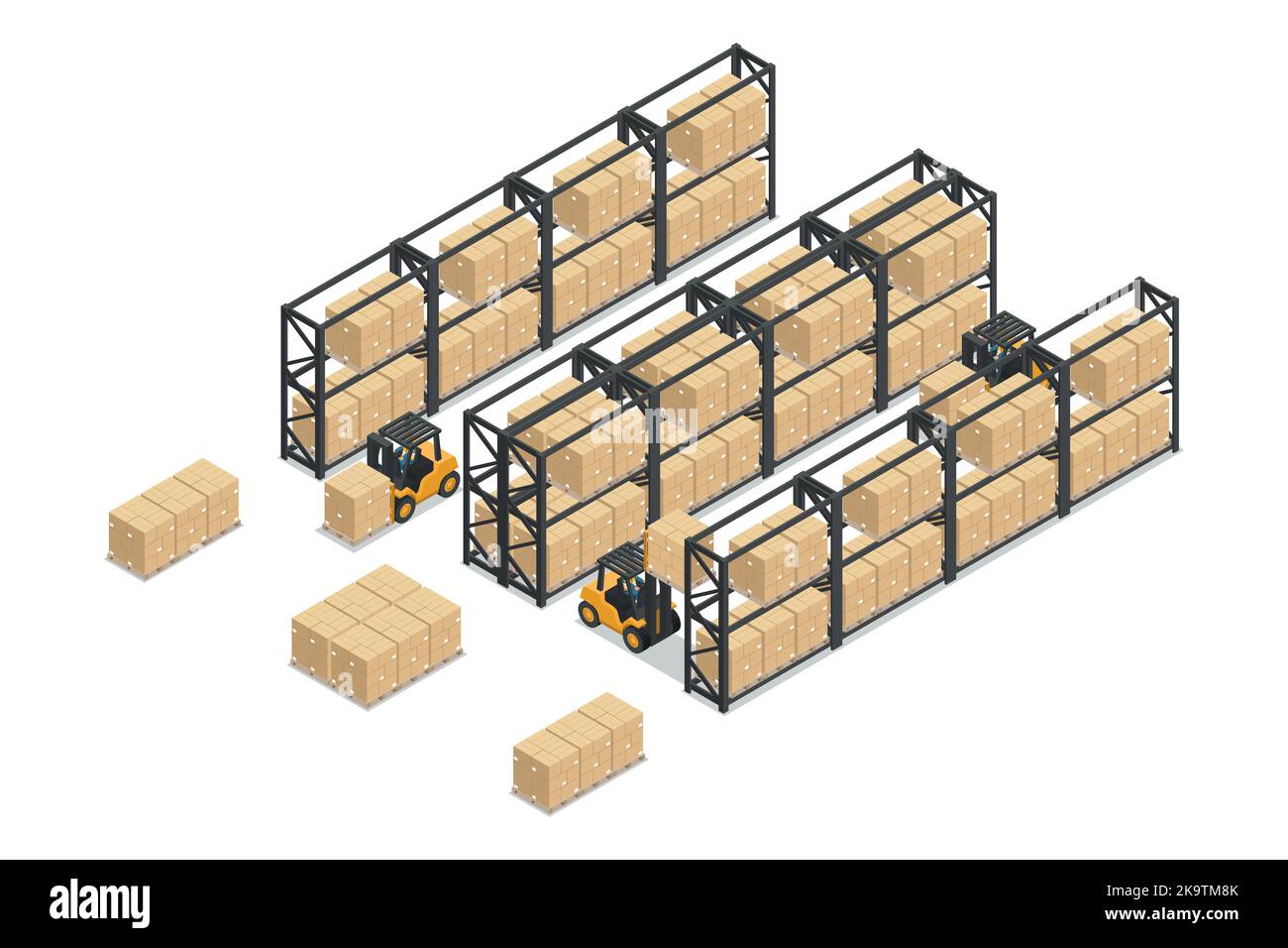 Isometric warehouse with rack or metal Storage Shelves, boxes on pallet ...