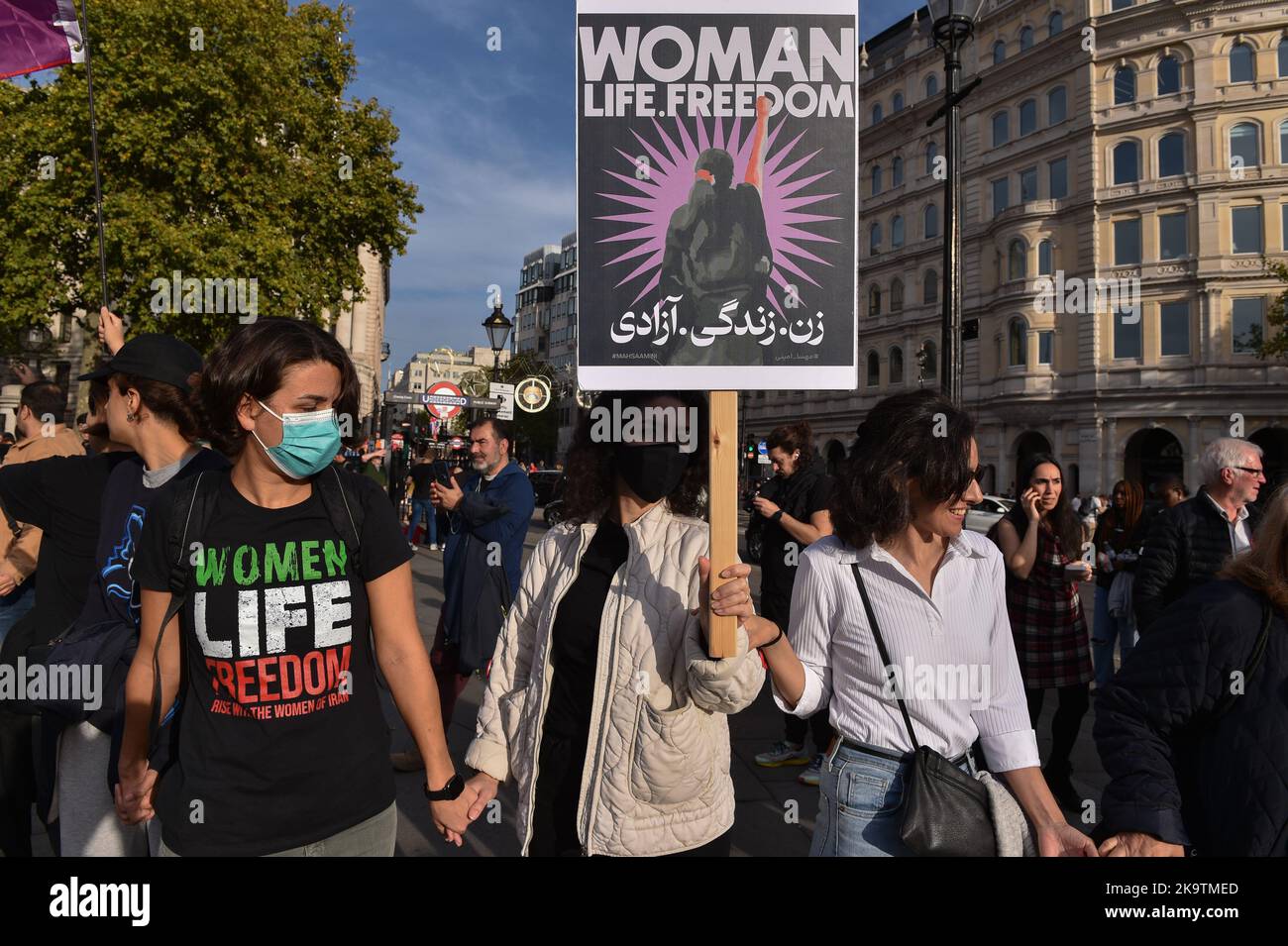 London, UK. 29th Oct, 2022. Protester holds a placard during the rally ...