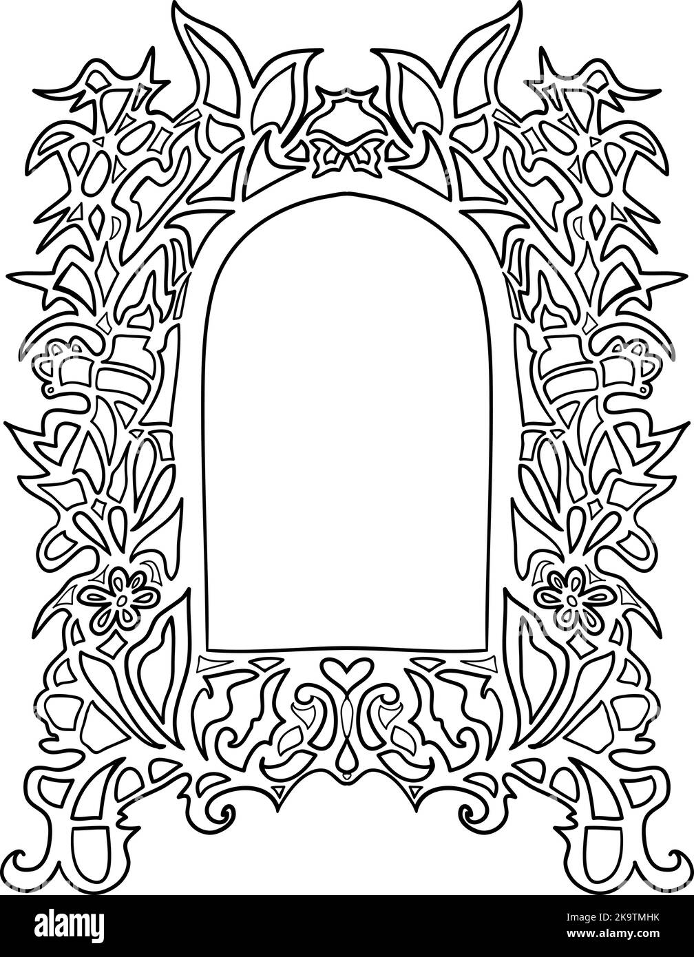 Black and white vector illustration. Vintage frame with curly ...