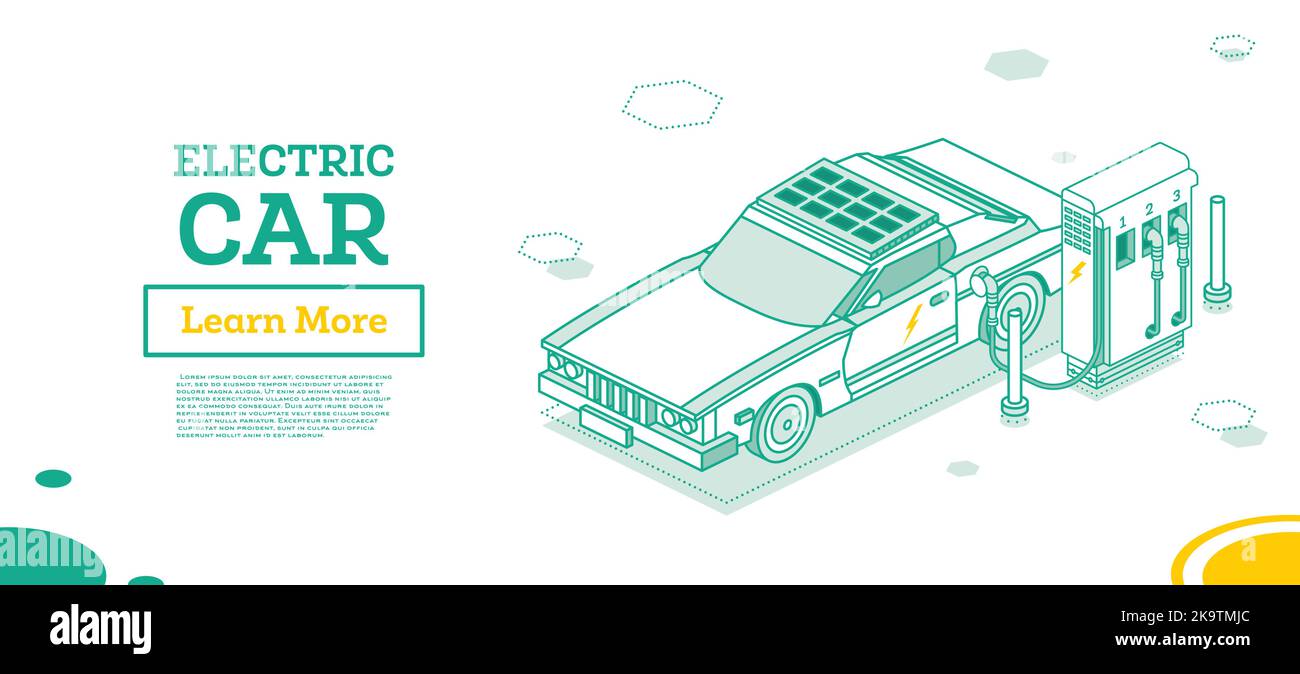 Electric Vehicle on Charging Station. Isometric Outline Concept. Vector ... Electric Vehicle on Charging Station. Isometric Outline Concept. Vector ...