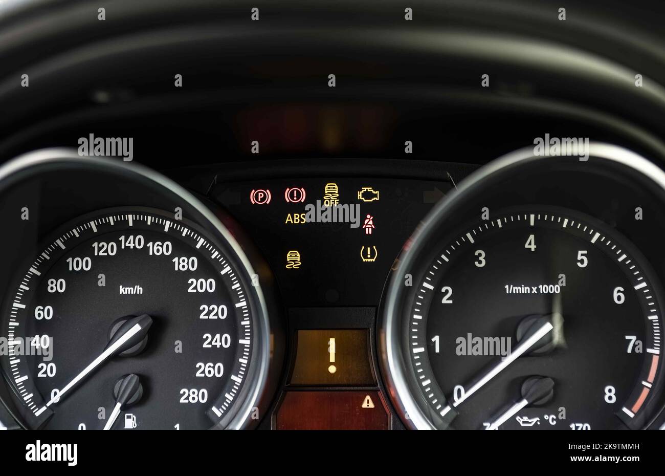 Car warning lights in the dashboard. Car service evocative image Stock ...