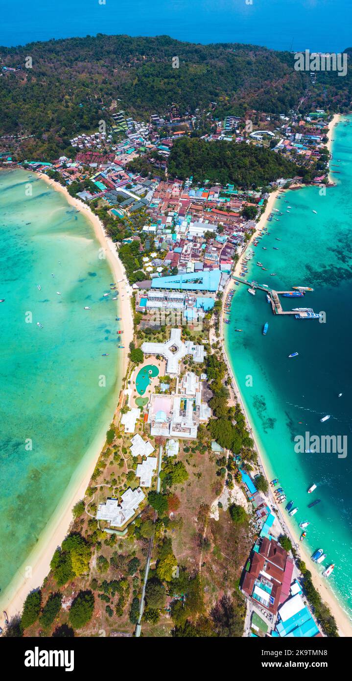Aerial view of Loh Dalum and tonsai beach in koh Phi Phi islands, Krabi ...
