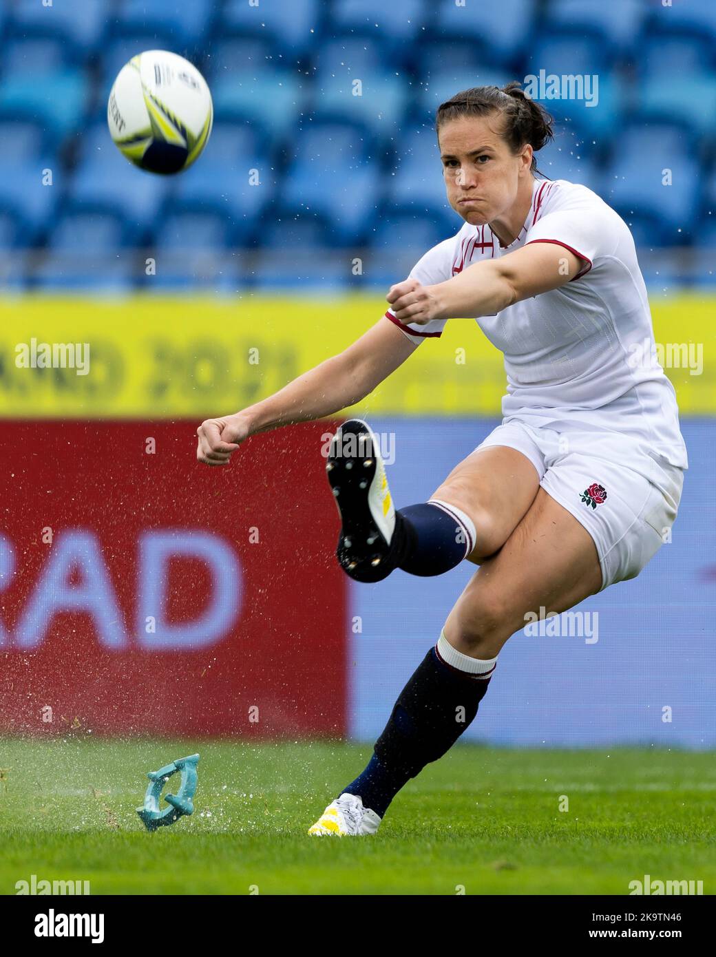 England's Emily Scarratt kicks a conversion during the Women's Rugby ...
