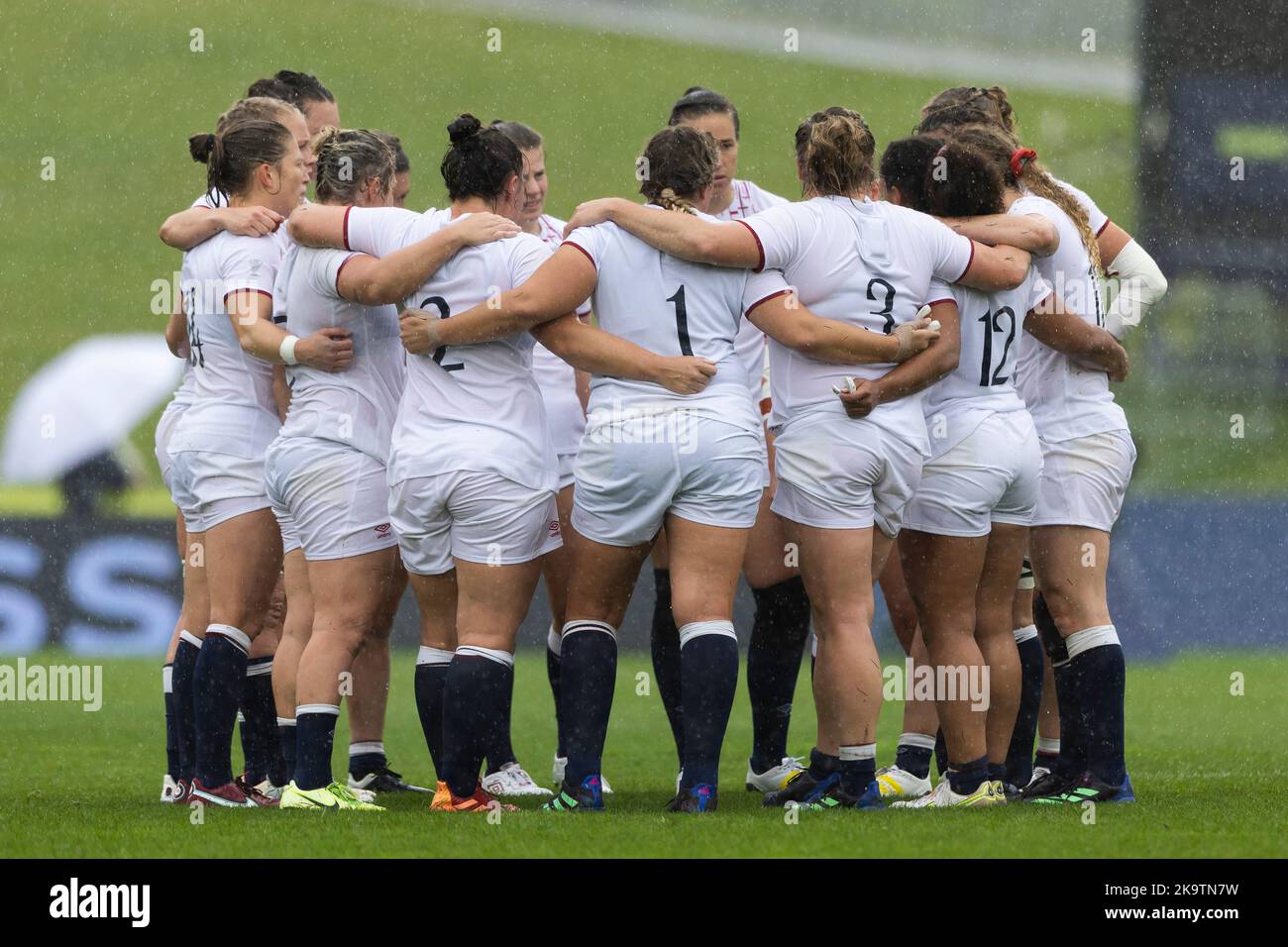 England huddle during the Women's Rugby World Cup Quarter-final match at Waitakere Stadium in ...