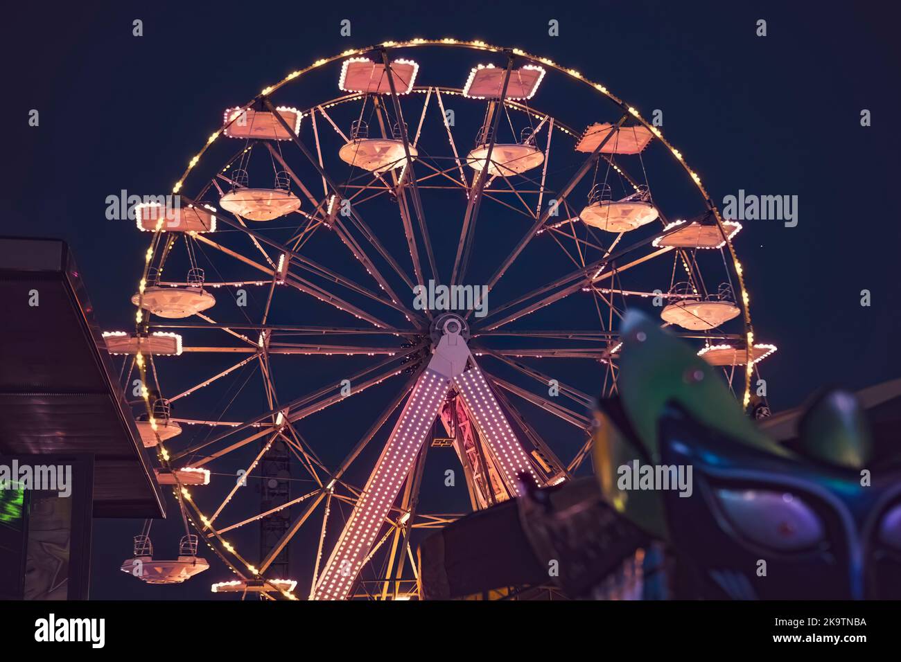 Funfair ferris wheel at night. Ferris wheel and rollercoaster in motion at amusement park at ...