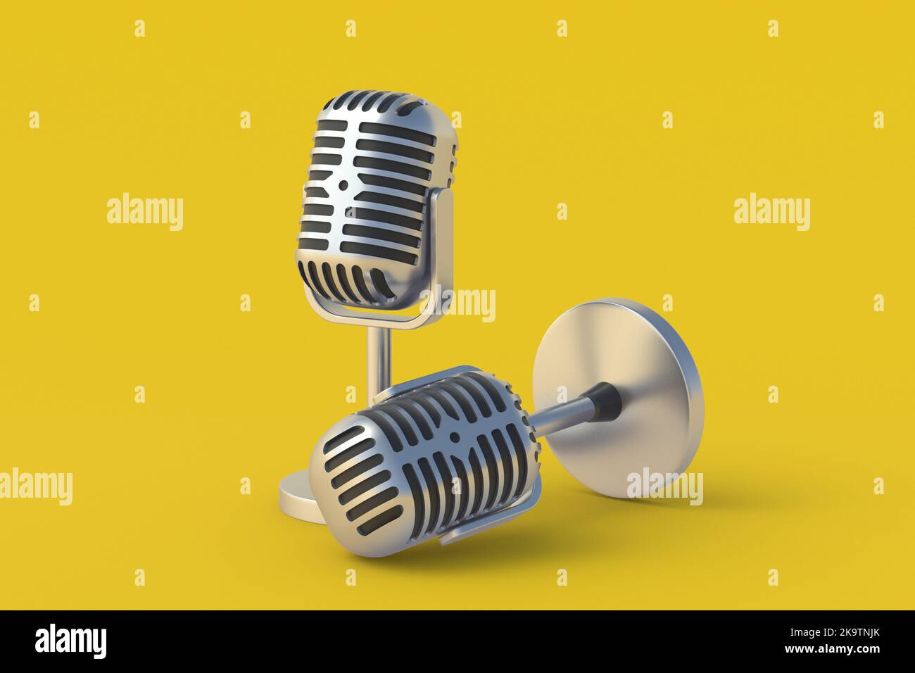 Vintage metallic microphones on yellow background. Online interview. 3d ...