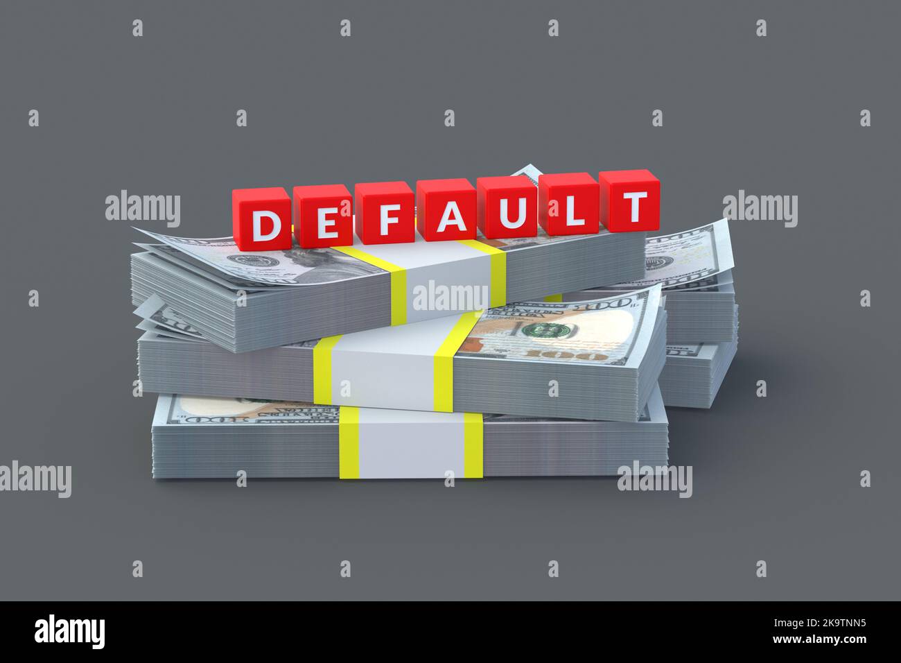 Word default on cubes on stack of money. Financial crisis. Default on ...