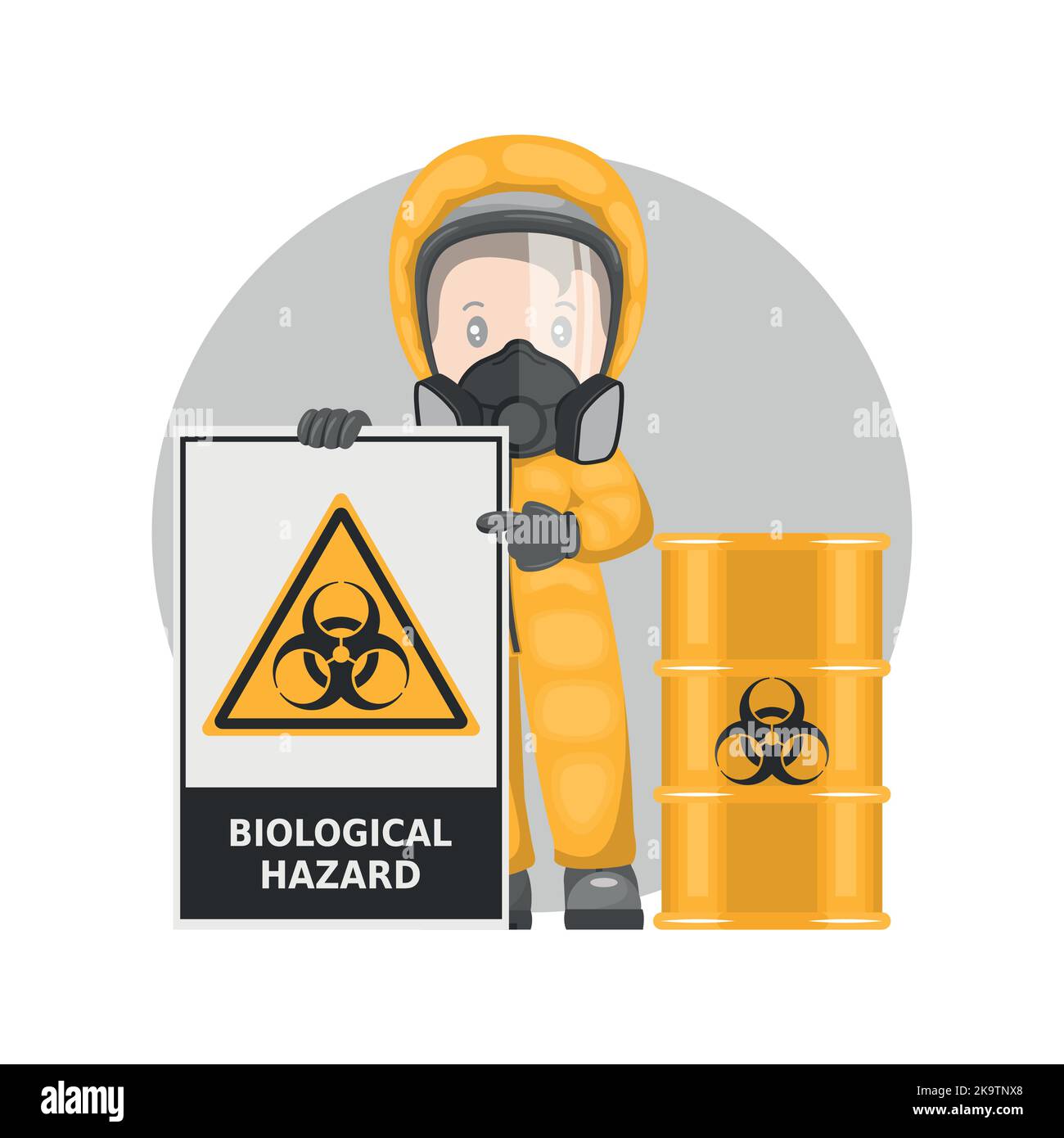 Industrial worker with biohazard sign warning. Barrel biological ...