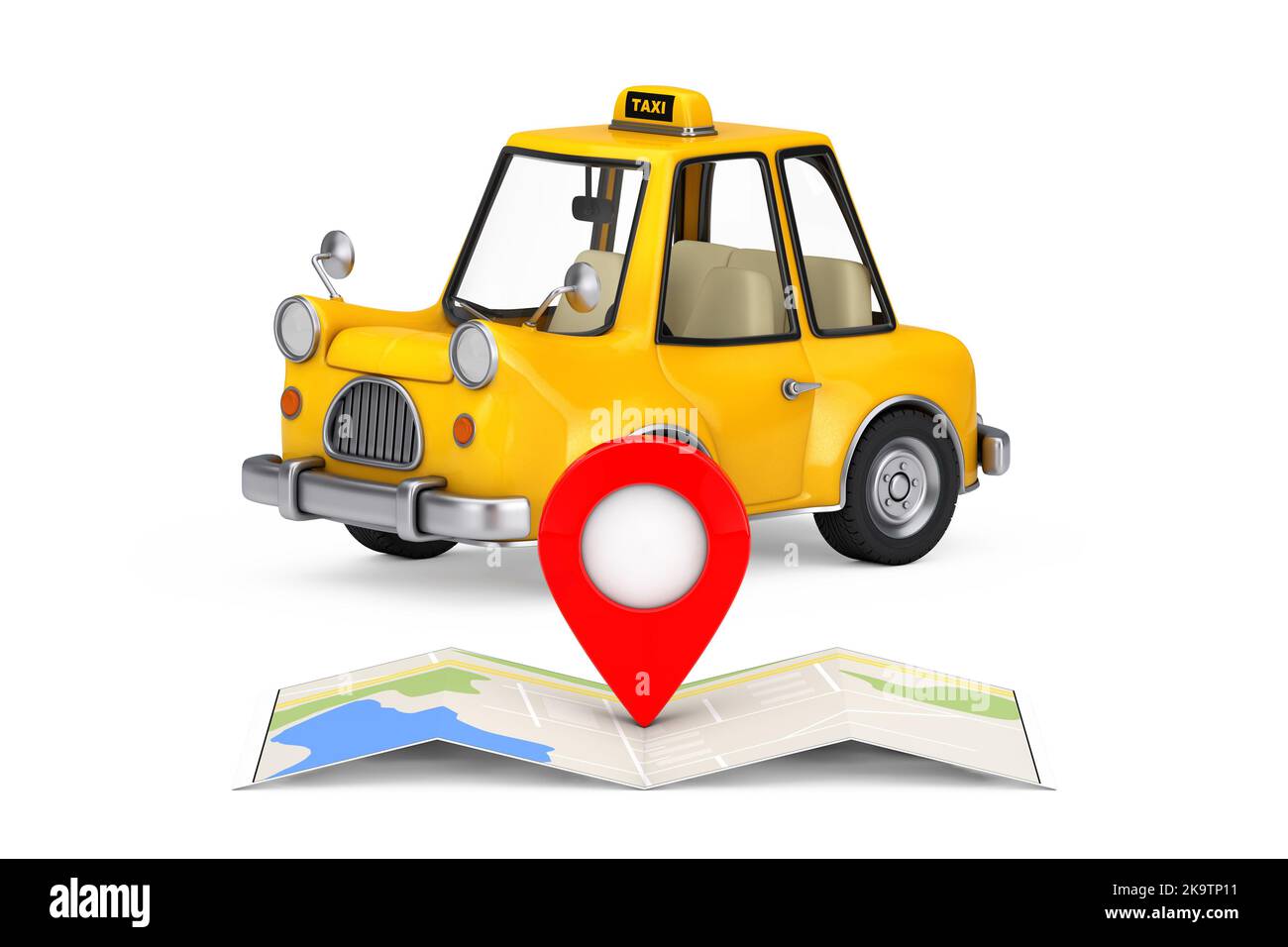 Yellow Cartoon Taxi Car near Folded Abstract Navigation Map with Target ...