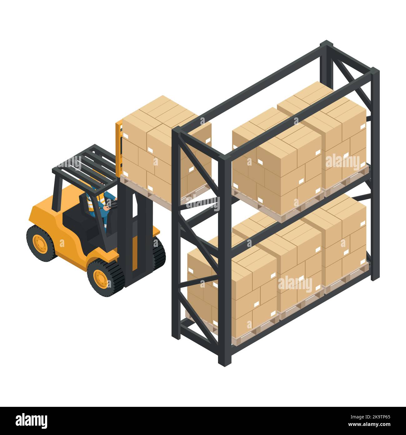Isometric forklift lifting load of boxes stacked on a pallet to an ...