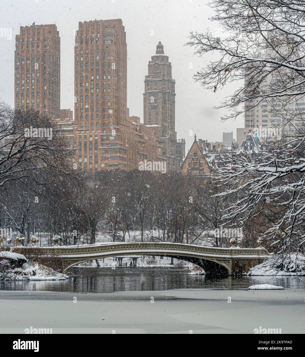 Bow bridge, Central Park, New York City during snow storm, or blizzard ...