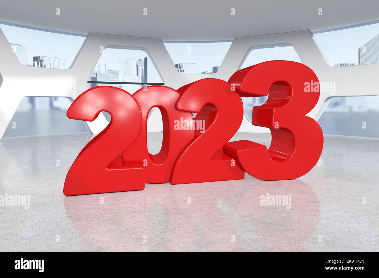 Red New 2023 Year Sign in Abstract Bright Office Meeting Room extreme ...
