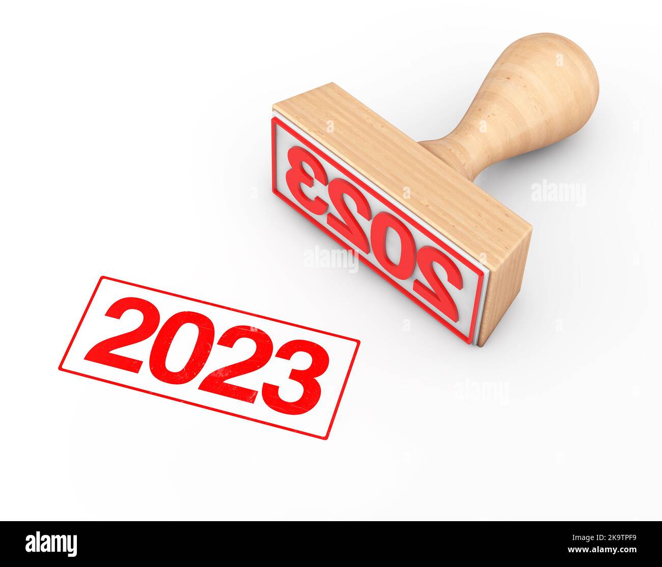 Wooden Rubber Stamp with 2023 New Year Sign on a white background. 3d ...