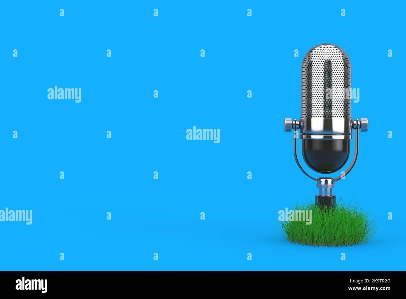 Vintage Microphone with Grass on a blue background. 3d Rendering Stock ...