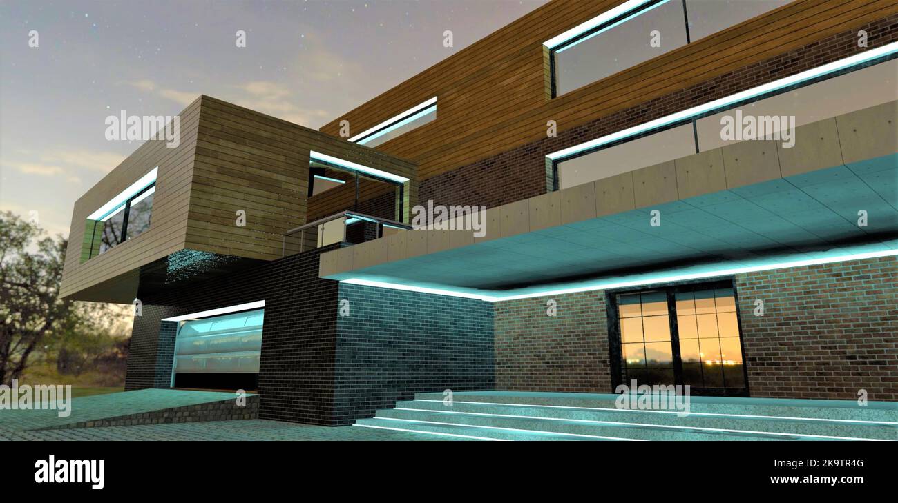 Entrance to a suburban small-family hostel. Exterior LED lighting ...