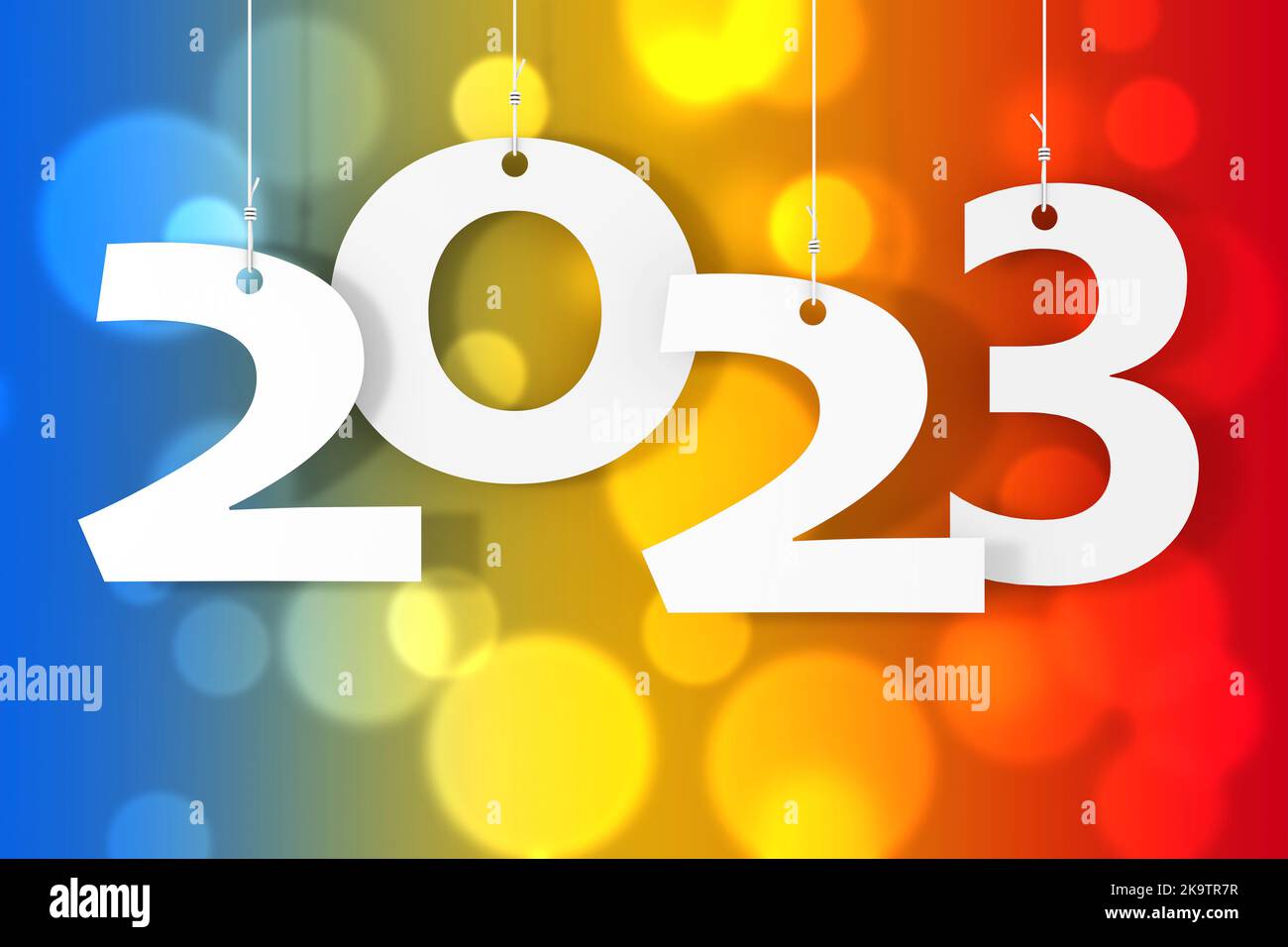 Hanging on Ropes New 2023 Year Sign on a coloured background. 3d ...