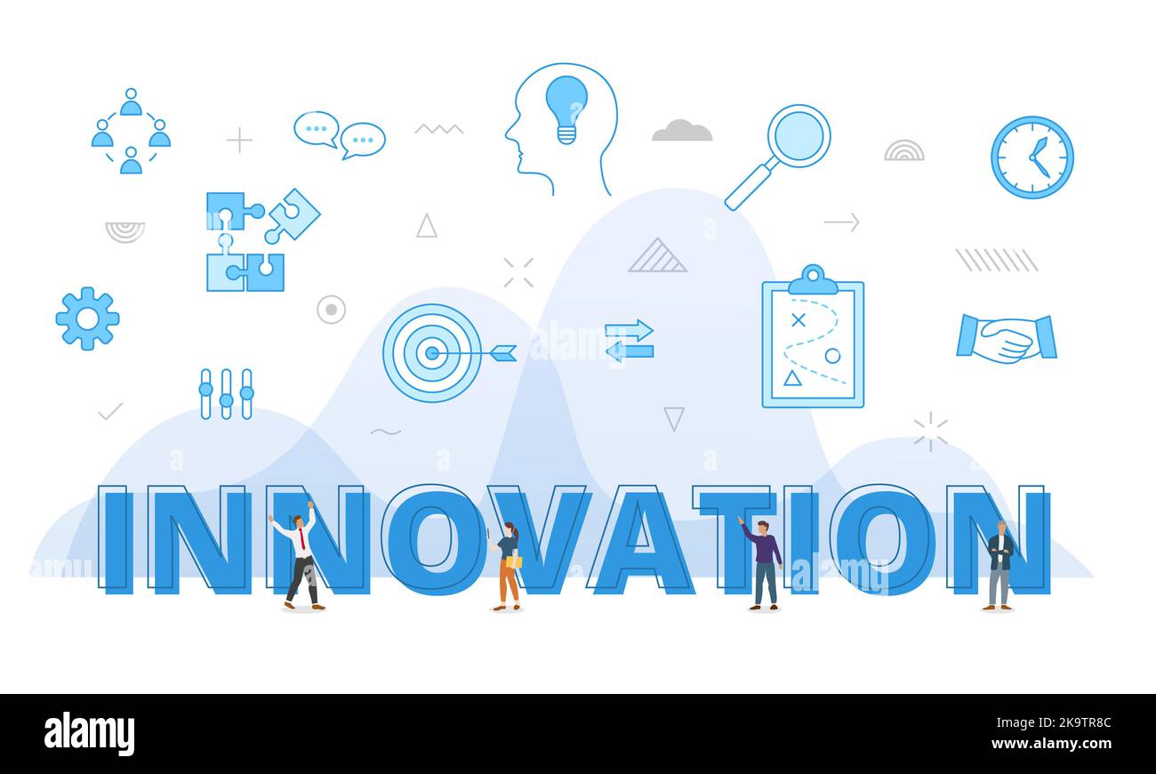 innovation concept with big words and people surrounded by related icon ...
