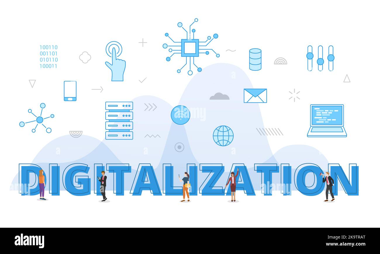 digitalization concept with big words and people surrounded by related ...