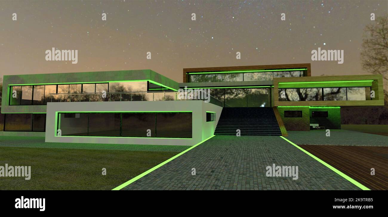 The project of lighting the facade of a country estate with a green LED ...