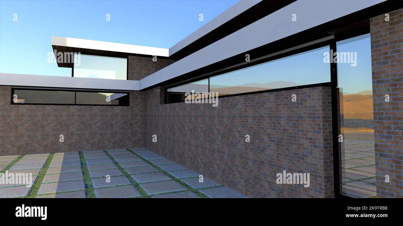 Brick wall of an advanced home built to a minimalist custom design. An ...