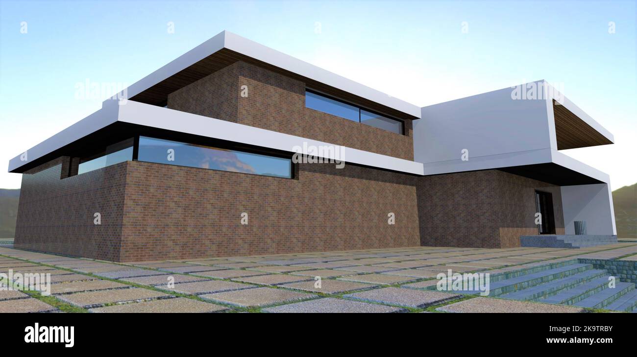 Modern minimalist building finished with old red brick. Massive ...