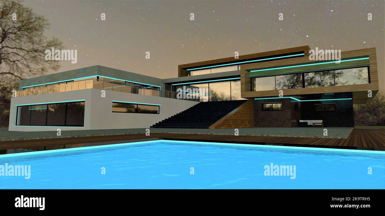 Stunning modern countryside villa with a pool of clear turquoise water ...