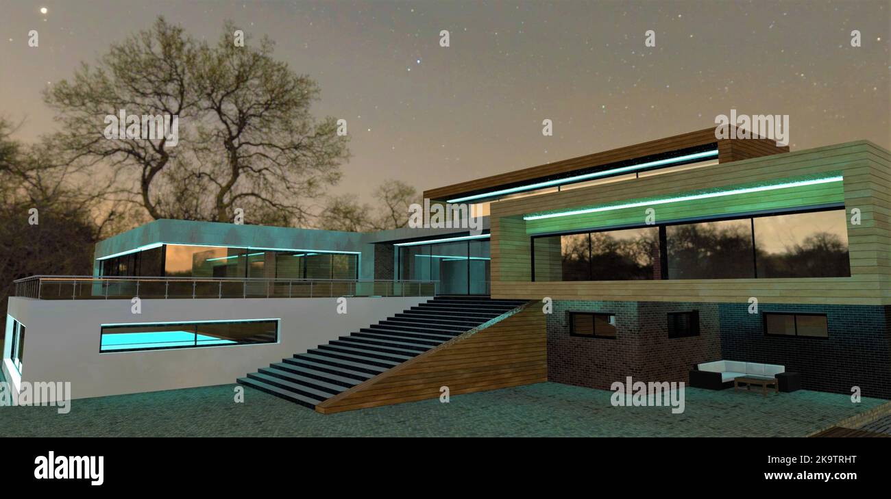 A magnificent starry evening in a minimalist country villa, lit by a ...