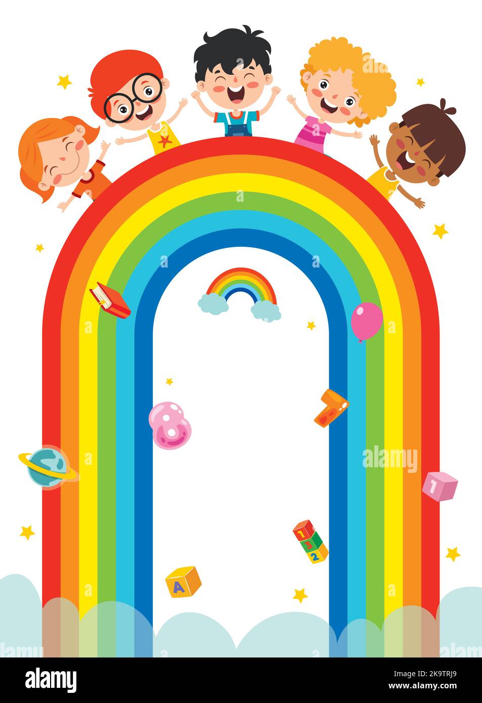 Multi Ethnic Kids Playing On Rainbow Stock Vector Image & Art - Alamy
