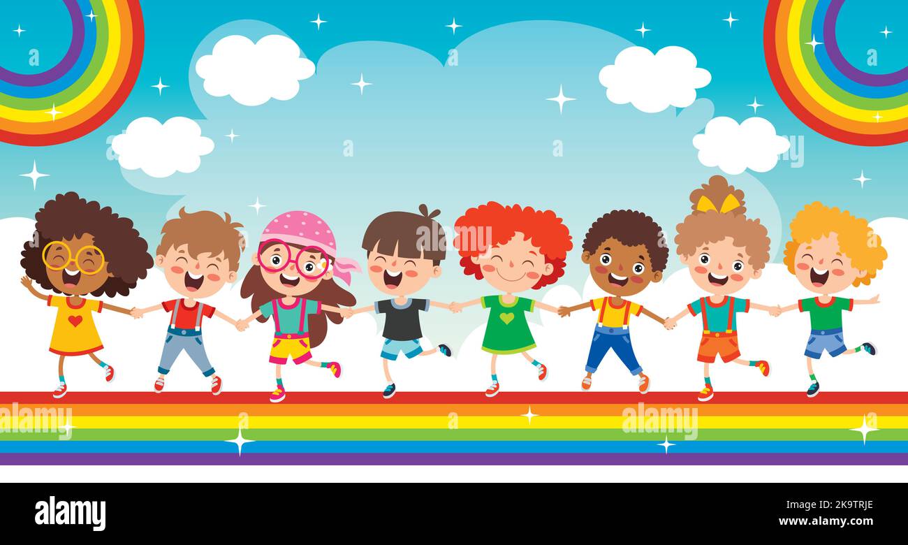 Multi Ethnic Kids Playing On Rainbow Stock Vector Image & Art - Alamy