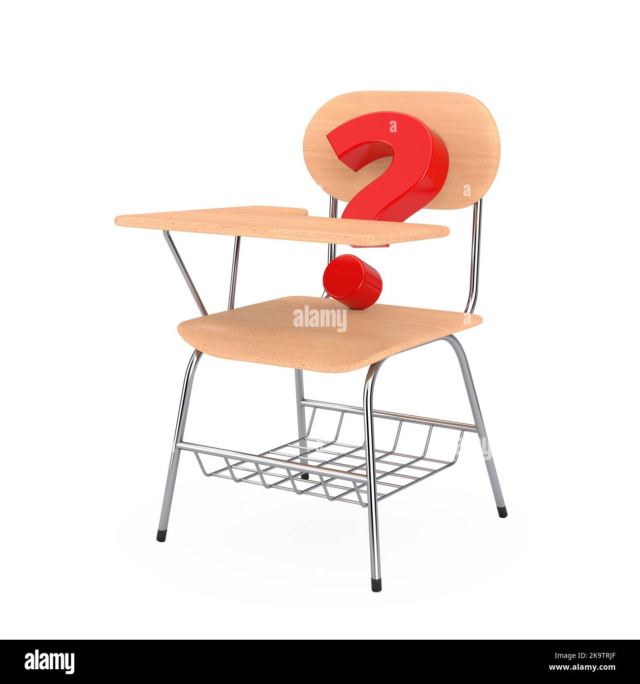 Red Question Mark and Wooden Lecture School or College Desk Table with ...