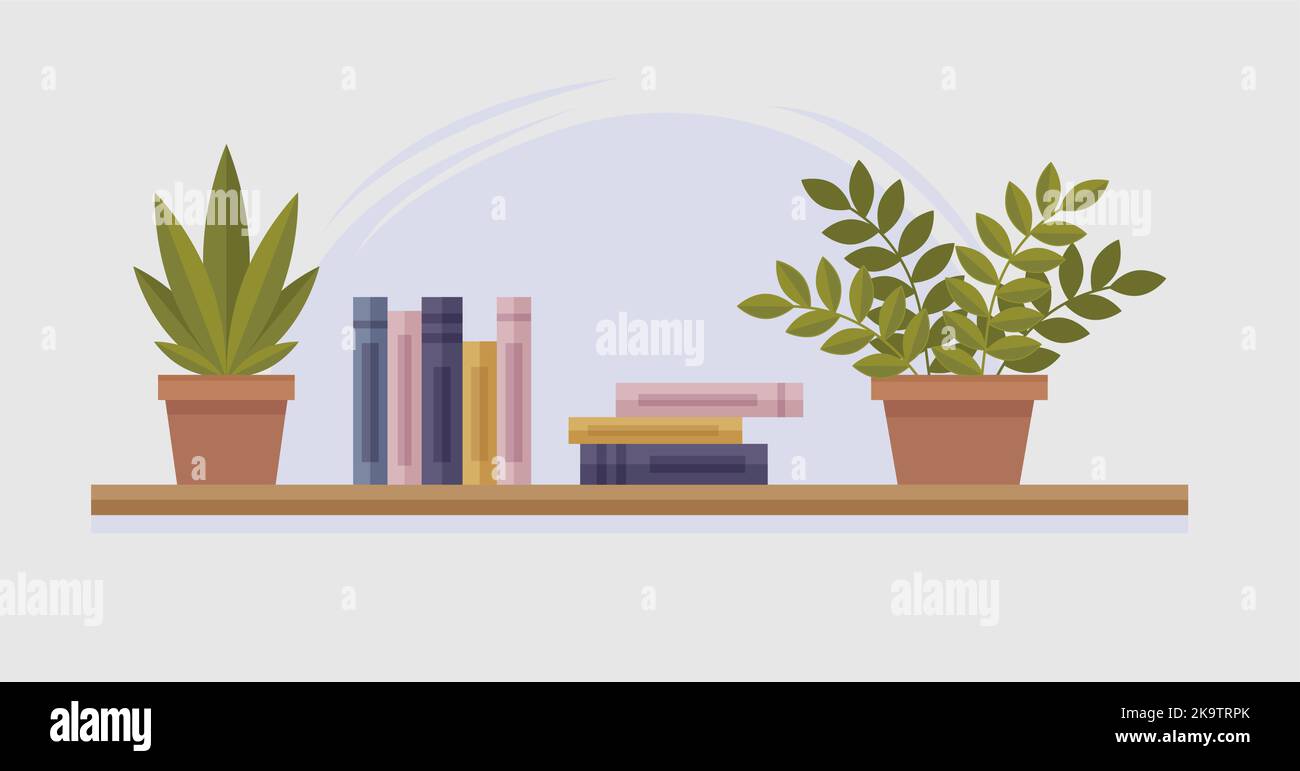 Bookshelf. Shelf for books with plants in pot. Vector illustration in ...