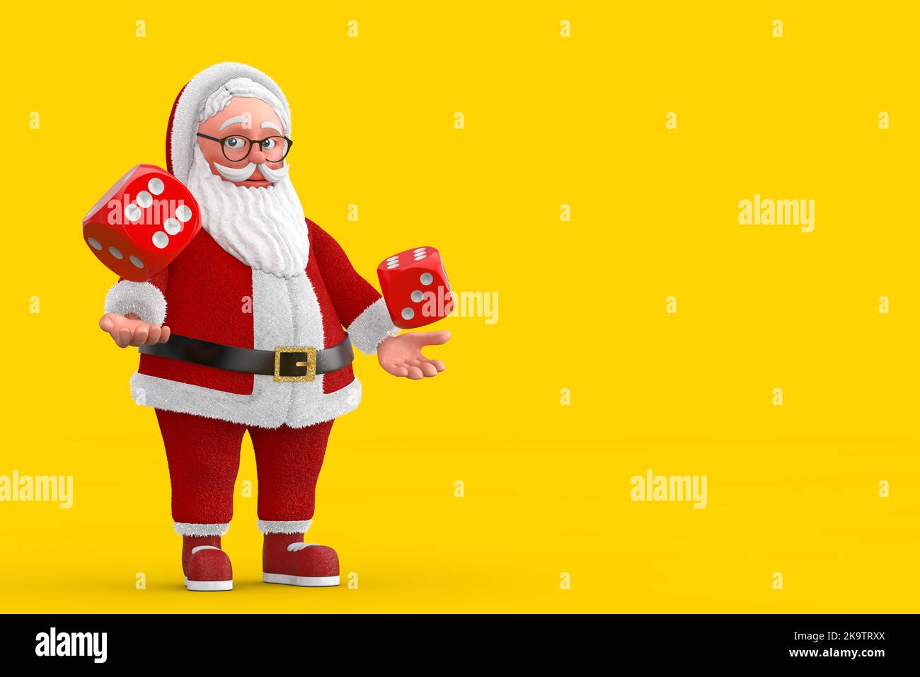 Cartoon Cheerful Santa Claus Granpa with Red Game Dice Cubes in Flight ...