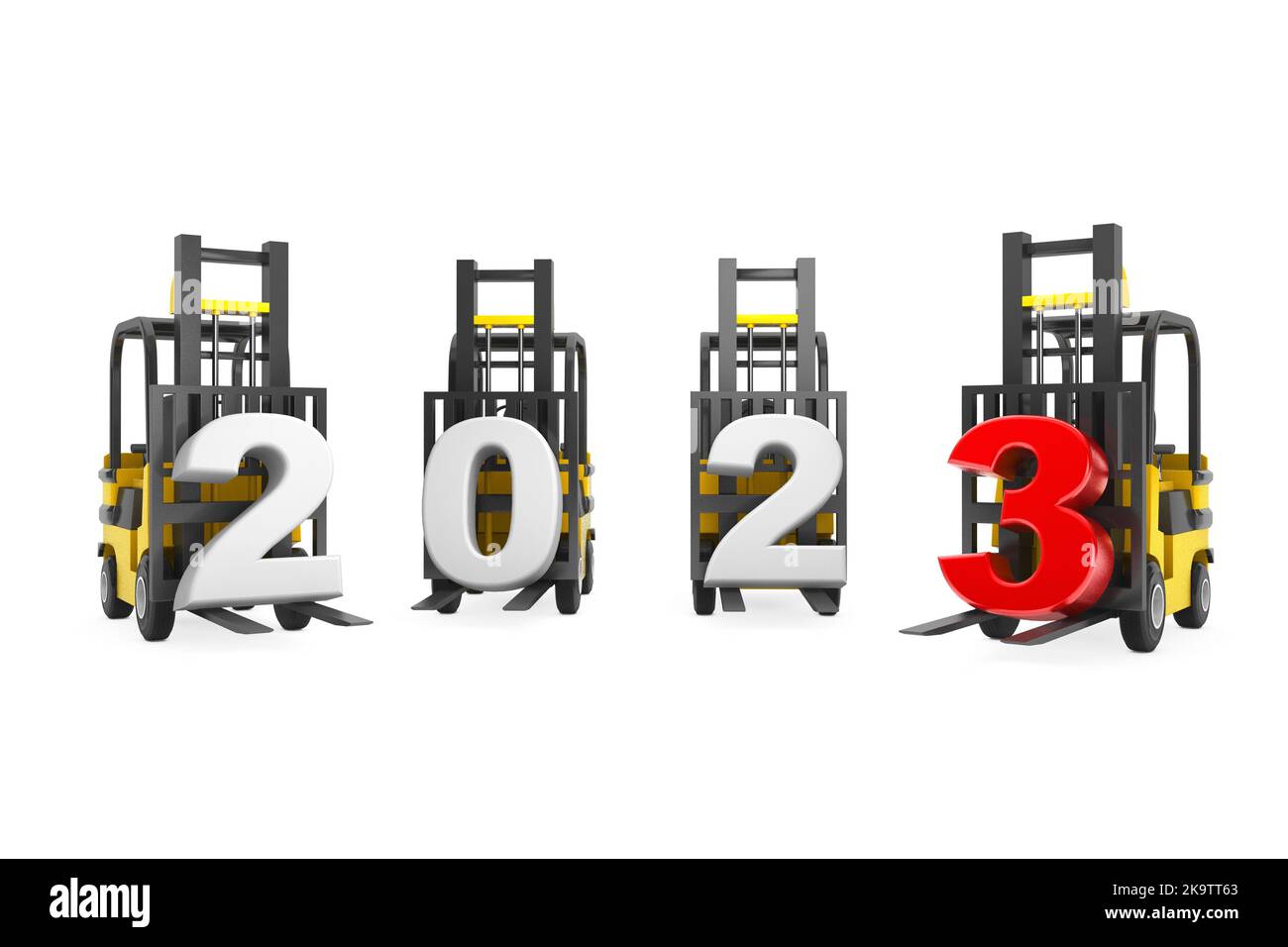Forklift Trucks with 2023 New Year Sign on a white background. 3d Rendering Stock Photo - Alamy