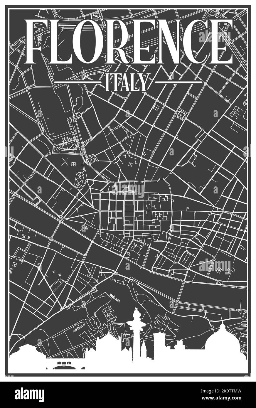 Hand-drawn downtown streets network printout map of FLORENCE, ITALY ...