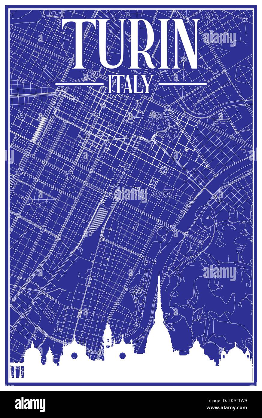 Hand-drawn downtown streets network printout map of TURIN, ITALY Stock ...