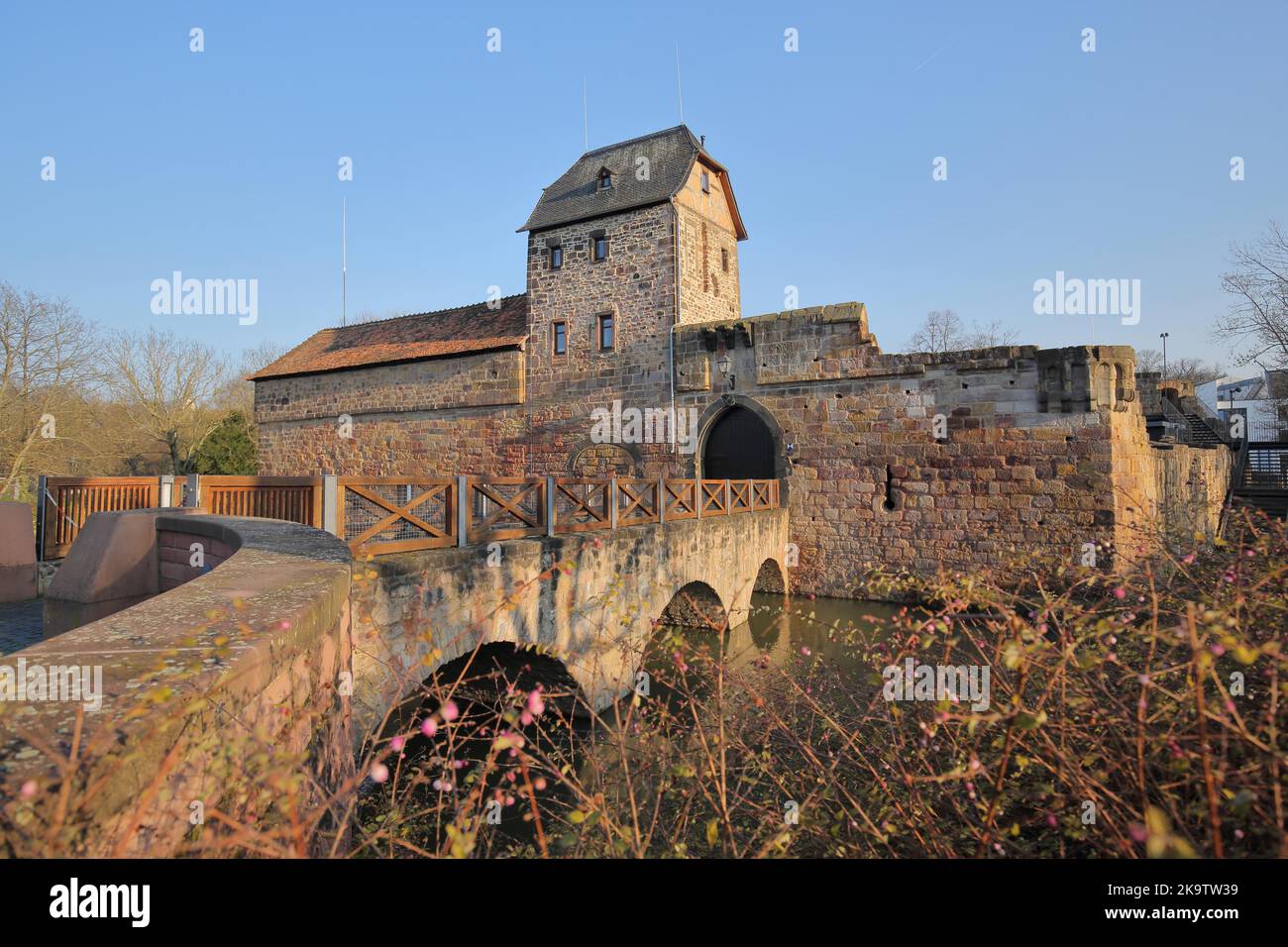 Moated castle built 12th century, Middle Ages, spa garden, Bad Vilbel ...