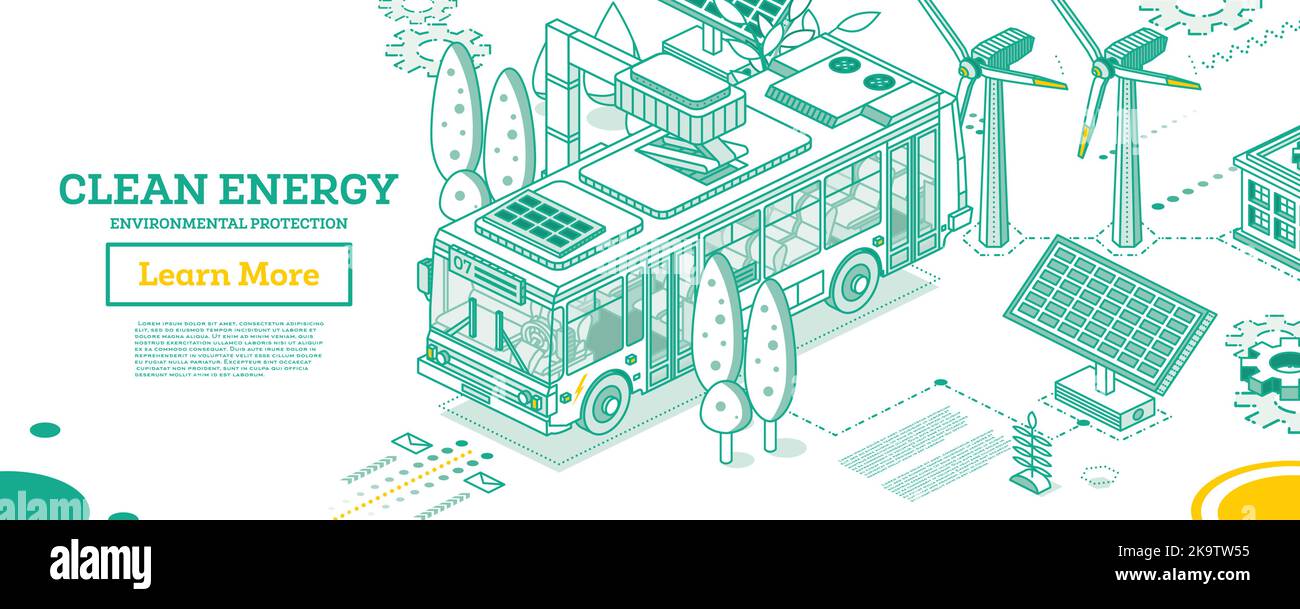 Electric Bus with Charging Station. Isometric Outline Concept. Solar ...