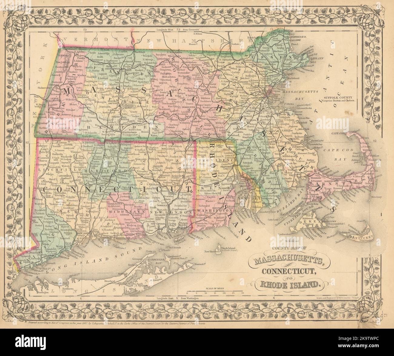 County map of Massachusetts, Connecticut, and Rhode Island. MITCHELL ...