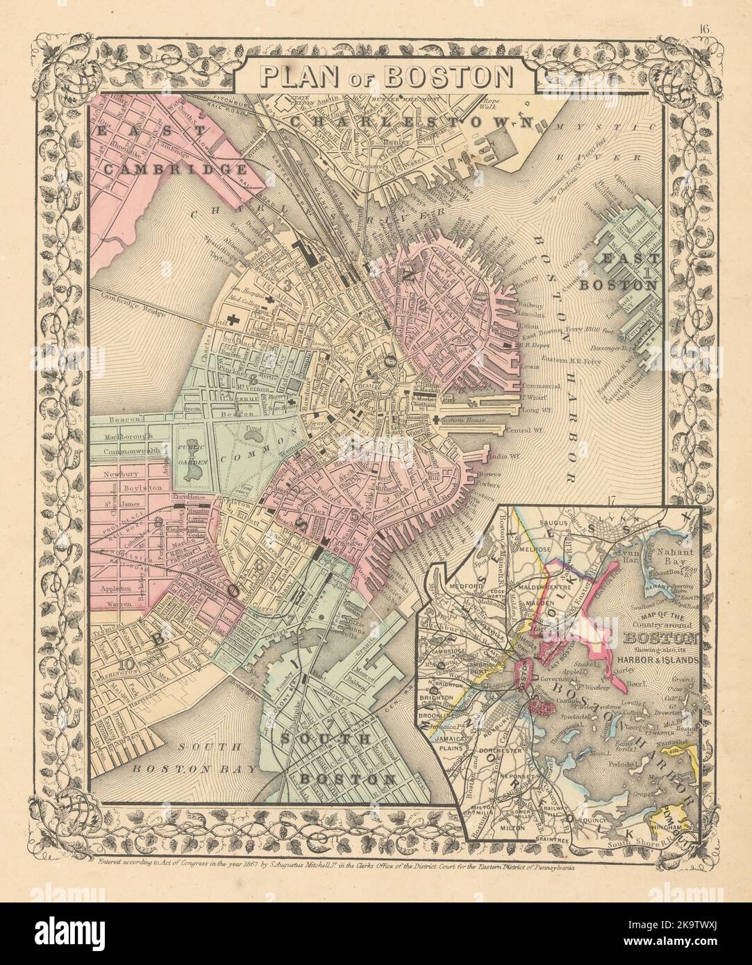 City "Plan of Boston", harbor & country around by S. Augustus Mitchell ...