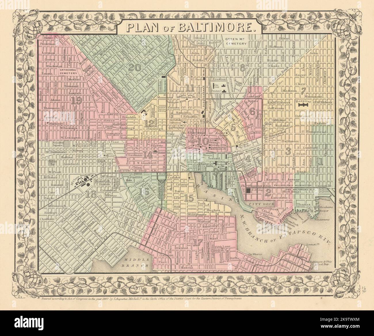 City "Plan of Baltimore" by Samuel Augustus Mitchell 1869 old antique ...
