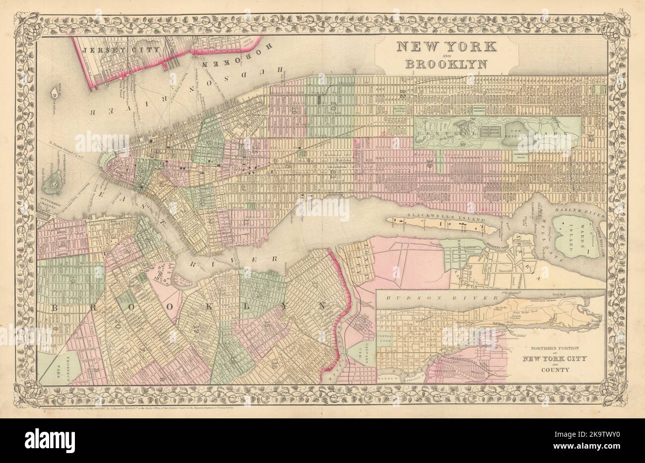 New York & Brooklyn town/city plan. Samuel Augustus Mitchell. Manhattan ...