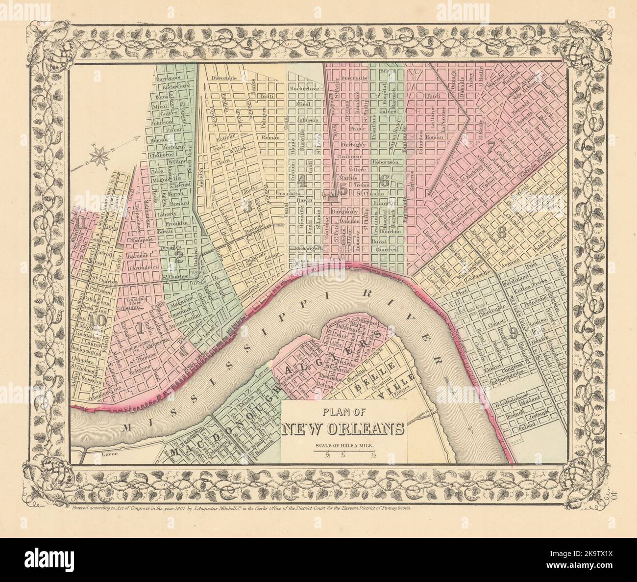 City "Plan of New Orleans" by Samuel Augustus Mitchell 1869 old antique ...